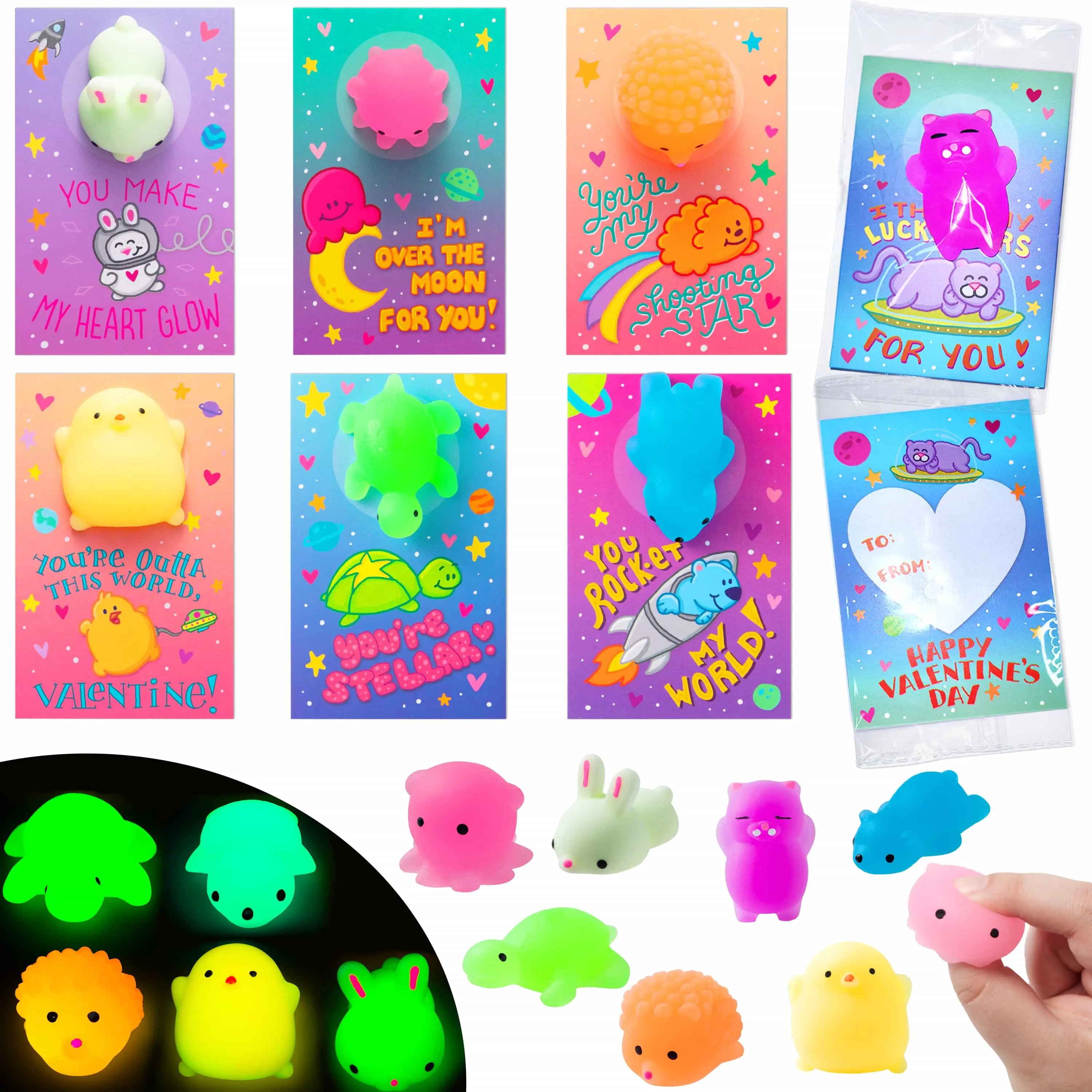 28Pcs Kids Valentines Cards Mochi squishy Toys with Glow-in-The-Dark ...