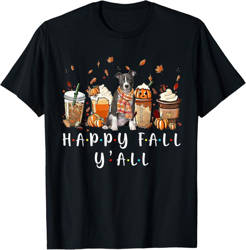 Happy Fall Y'all Pitbull Dog Coffee Pumpkin Fall Autumn T-Shirt ...