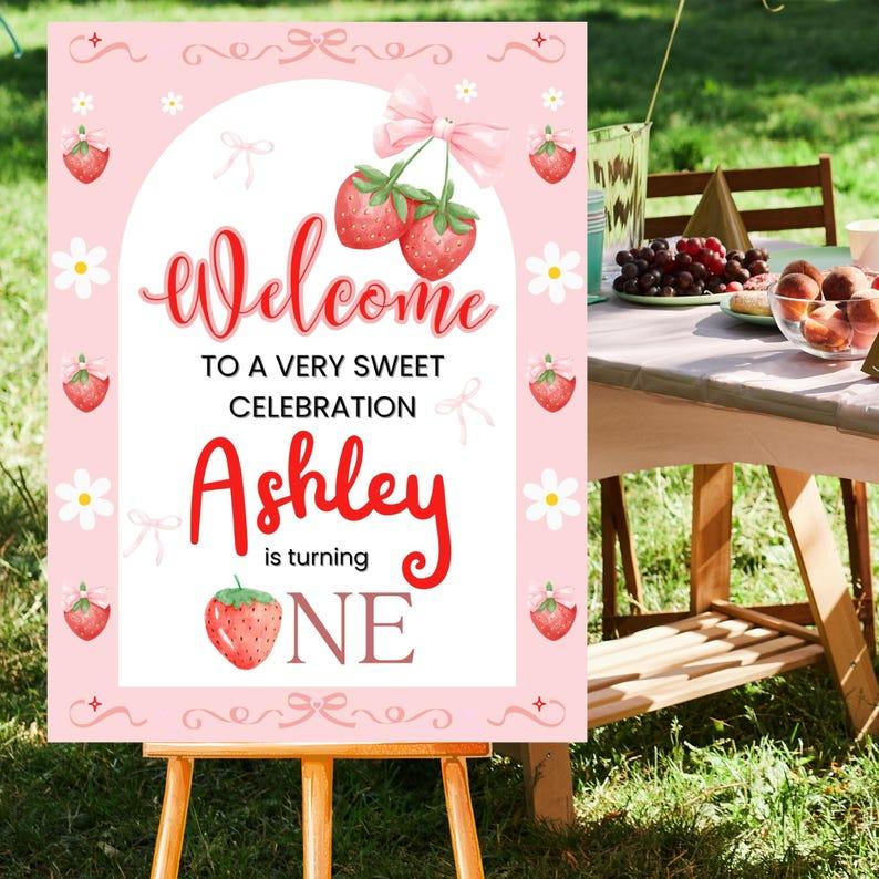 Berry First Birthday Welcome Sign Red Strawberry Bow Daisy - TikTok Shop