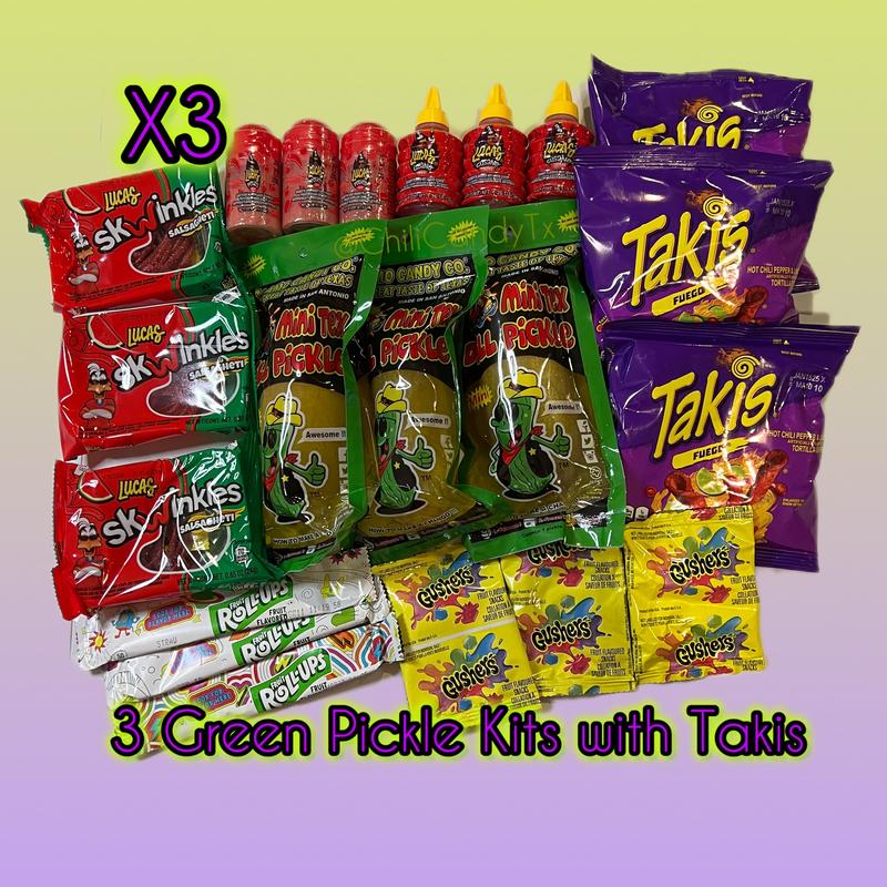 Family Three Pack Green Pickle Kits with Takis, Lucas Powder - TikTok Shop