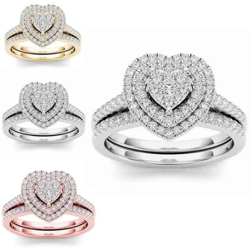 Three Jie Rings Love Two-piece Set Ring Diamond Halo Ring - TikTok Shop