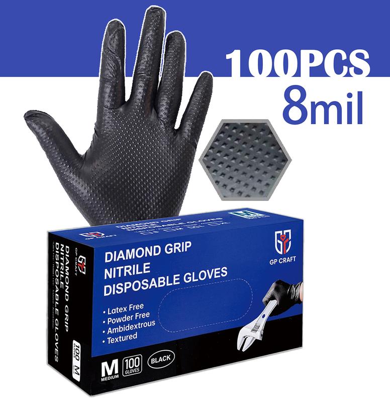 GP Craft 8Mil Diamond Textured Nitrile Disposable Gloves - 100PCS Black Latex Free Powder-Free ...