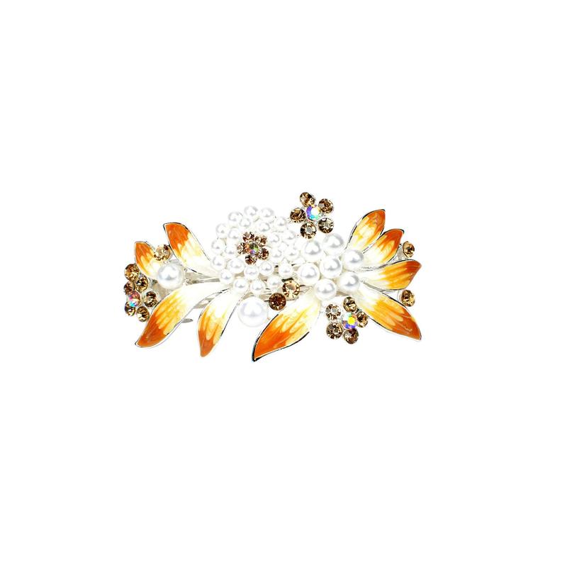 Barrette with colored rhinestones and white pearls - Yellow - TikTok Shop