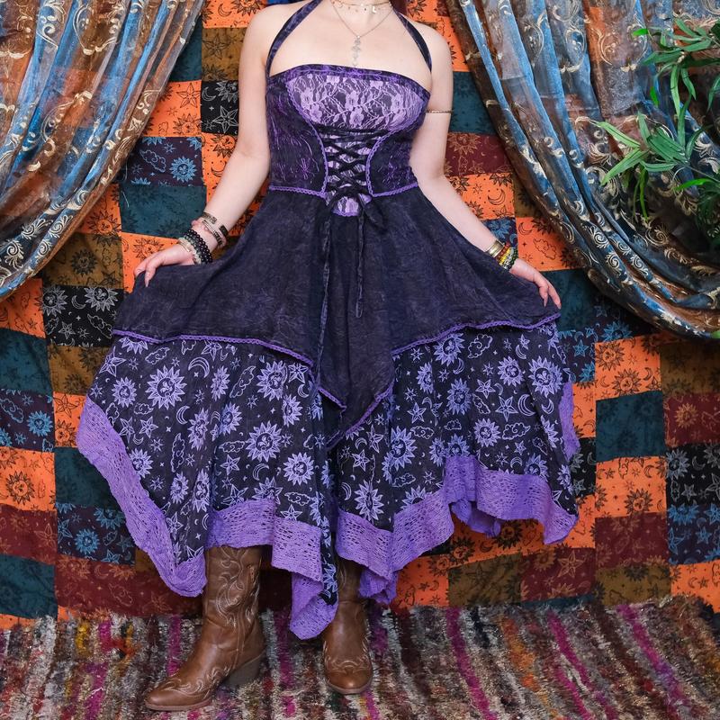 Witchy Celestial Cotton Pixie Dress, Fairy Goth Assymetrical Cottage core Dress, Maxi Boho ...