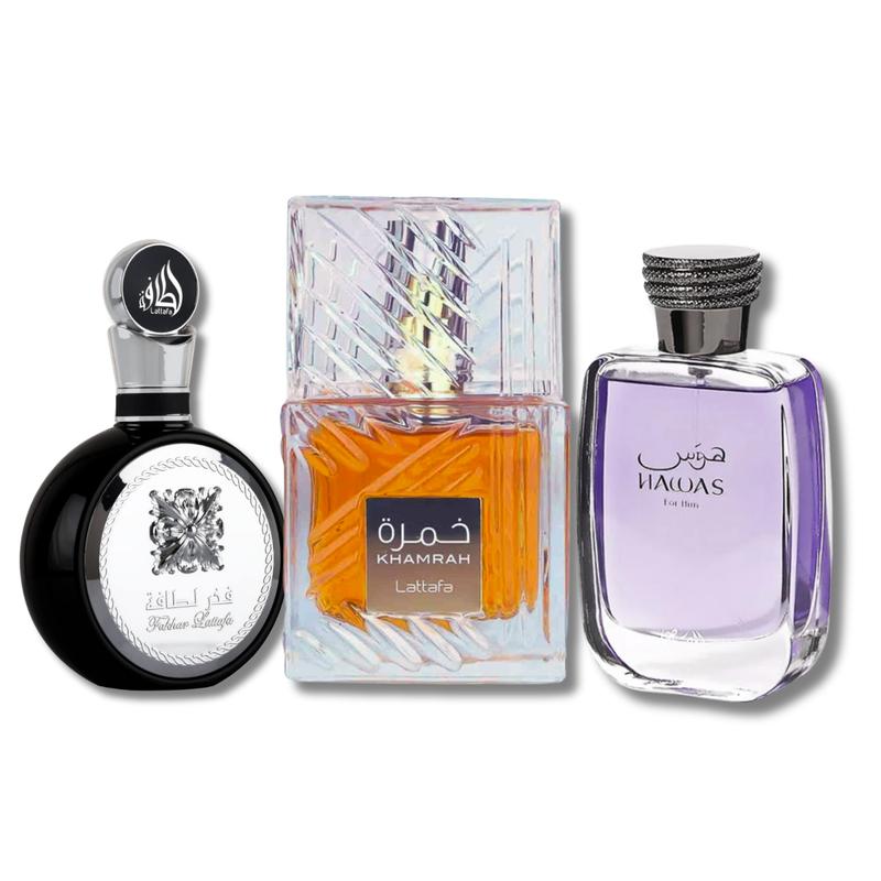 Lattafa Fakhar Men, Khamrah & Rasasi Hawas Bundle - 3x100ml Eau ...