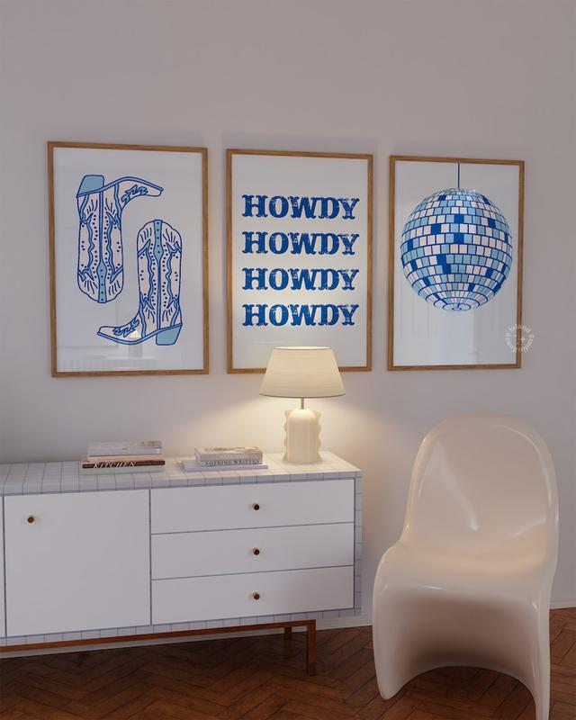 Howdy Set of 3 Navy Blue Western Prints, Disco cowgirl wall decor, - TikTok Shop