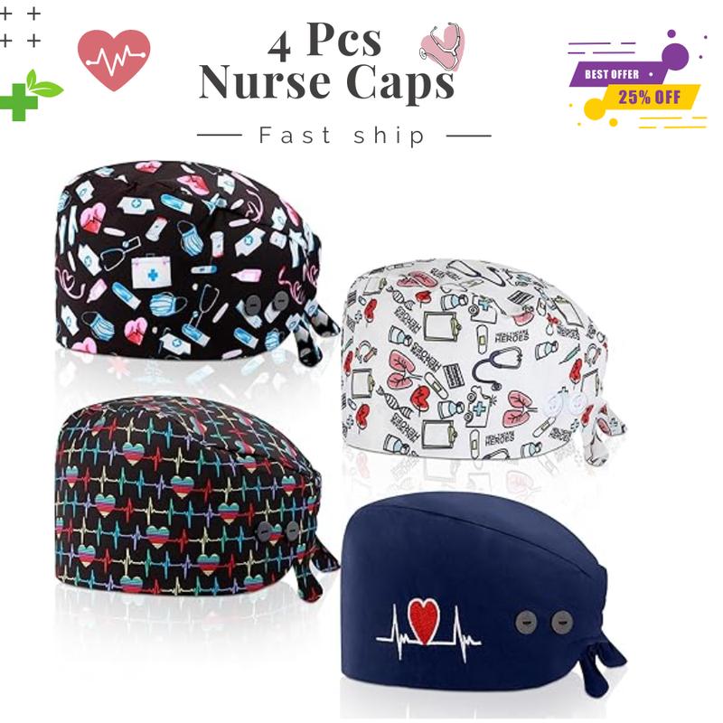 4 Pcs Nurse Caps for Women with Buttons and Sweatband, Adjustable ...