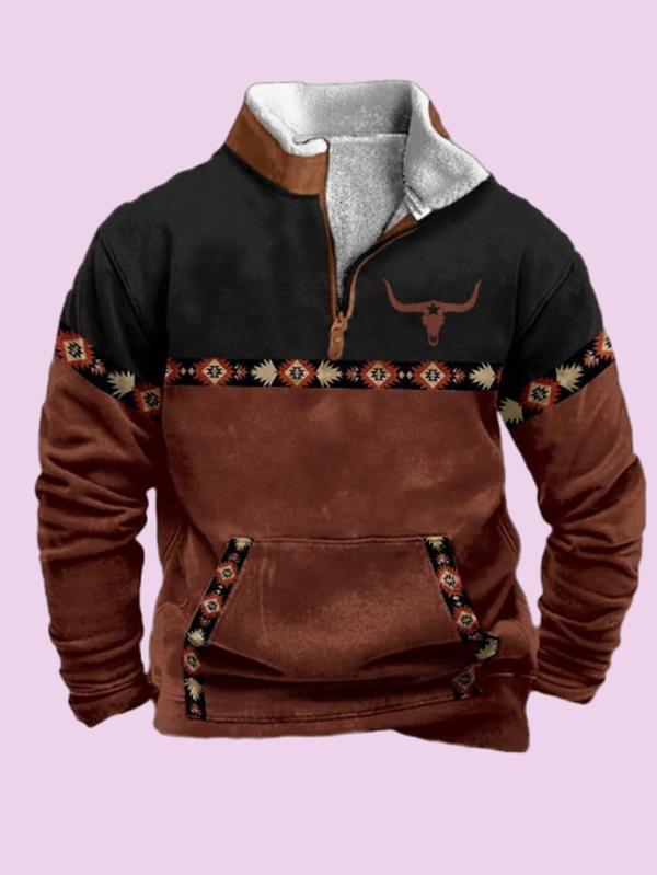Men'S Aztec Western Jacket Cowboy Bull Head Print Pullover 1/4 Zip ...