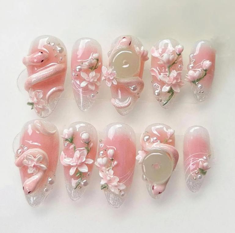 Handmade Pink Lotus & Snake Press On Nails, Custom Snake Almond ...