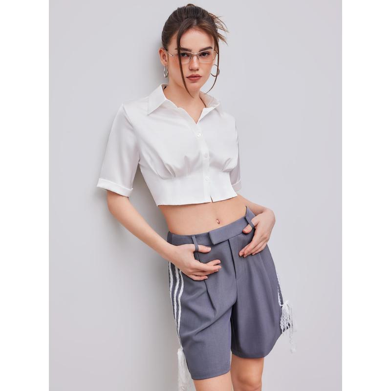 Cider [2 colors, size 0-26] Satin Collar Solid Crop Short Sleeve Shirt - TikTok Shop