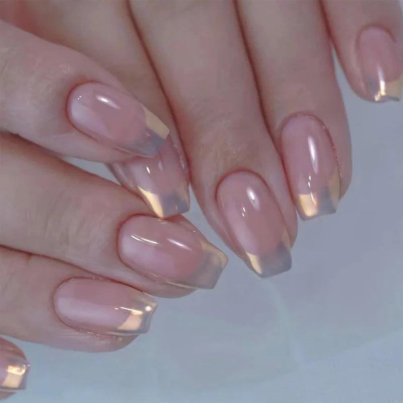 24pcs Short ballet Nails False Nails Glitter champagne auror - TikTok Shop