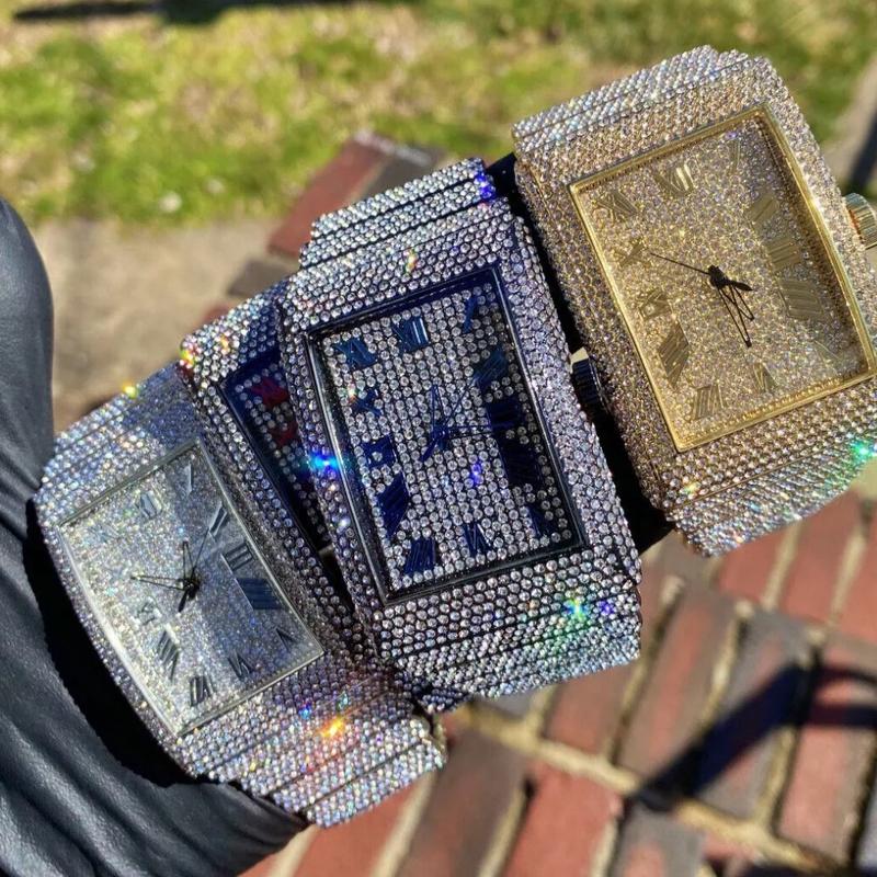 Fully Iced Bling Out Silver PT Mens Heavy Rectangle Dial Flashy Hip Hop ...