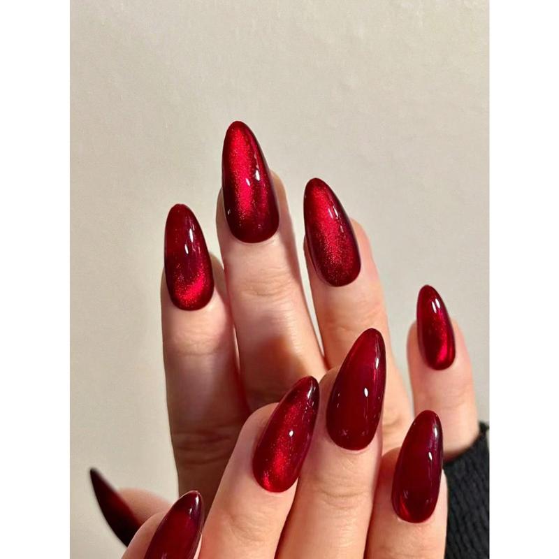 Y2K Blood-Red Cat Eye Press-On Nails – 24pcs Long Almond Set - TikTok Shop