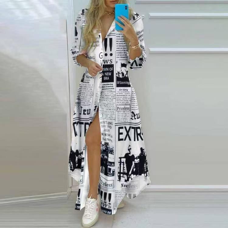 Newspaper Print Button Up Shirt Dress, Vacation Long Sleeve Collared ...
