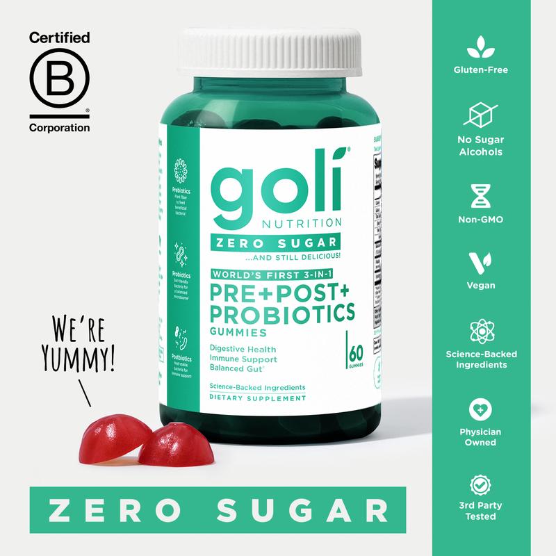 Goli Zero Sugar World's First 3-in-1 Pre, Post, Probiotic Gummies ...