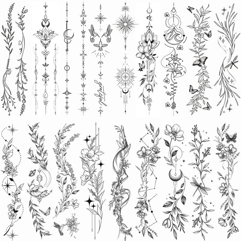Temporary Tattoos For Women Girls-24 Sheets Branch Flower Leaf Wild Plants Sketch Realistic Long ...