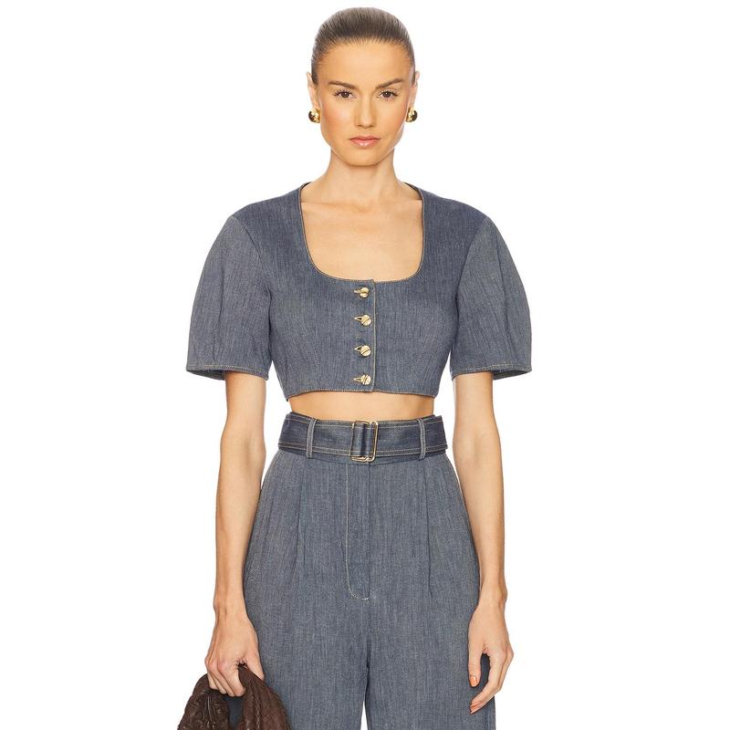 MATTHEW BRUCH Apron Puff Sleeve Crop Top in Denim - TikTok Shop