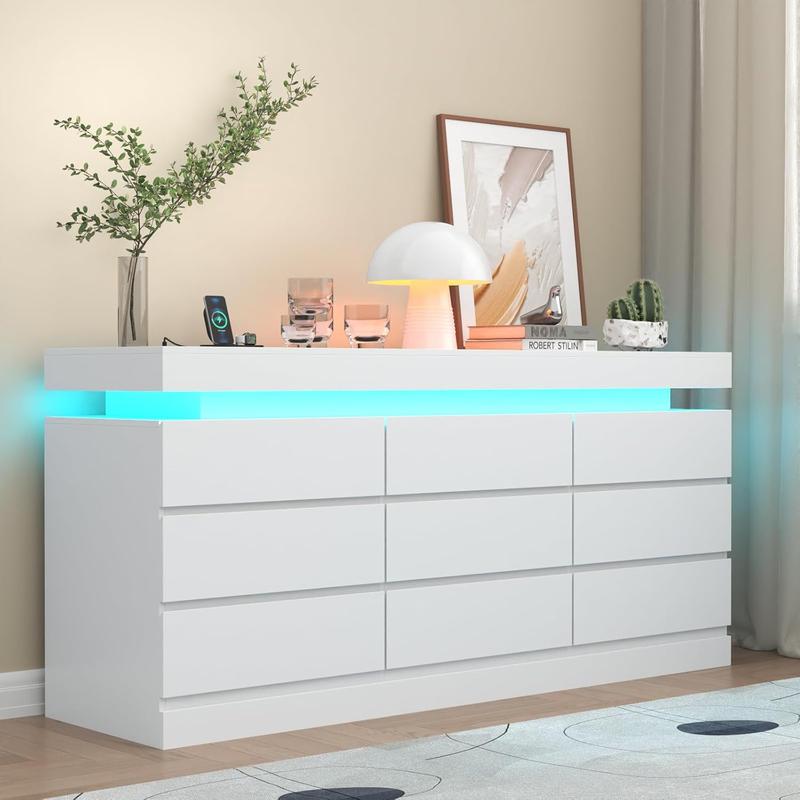 TikTok Shop 9 Drawer Dresser with Power Outlet Dresser with LED Light Modern Chest of Drawers for Closet Triple Wide Drawer Organizer Cabinet for Bedroom Living Room Entryway Hallway White 9 Drawers