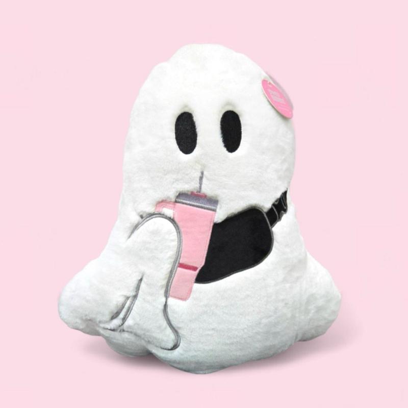 Stanley Ghost Plush pillow - White Character Holding Pink Drink with ...