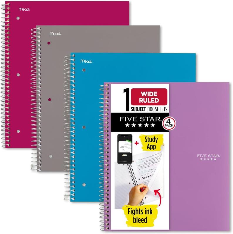 Five Star Spiral Notebooks + Study App, 4 Pack, 1 Subject, Wide ...