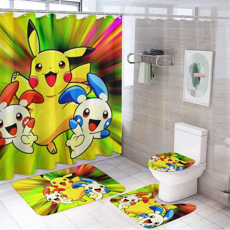 Pokémon Pikachu 4 Pcs Bathroom Shower Curtain Set with Rugs (Bath ...