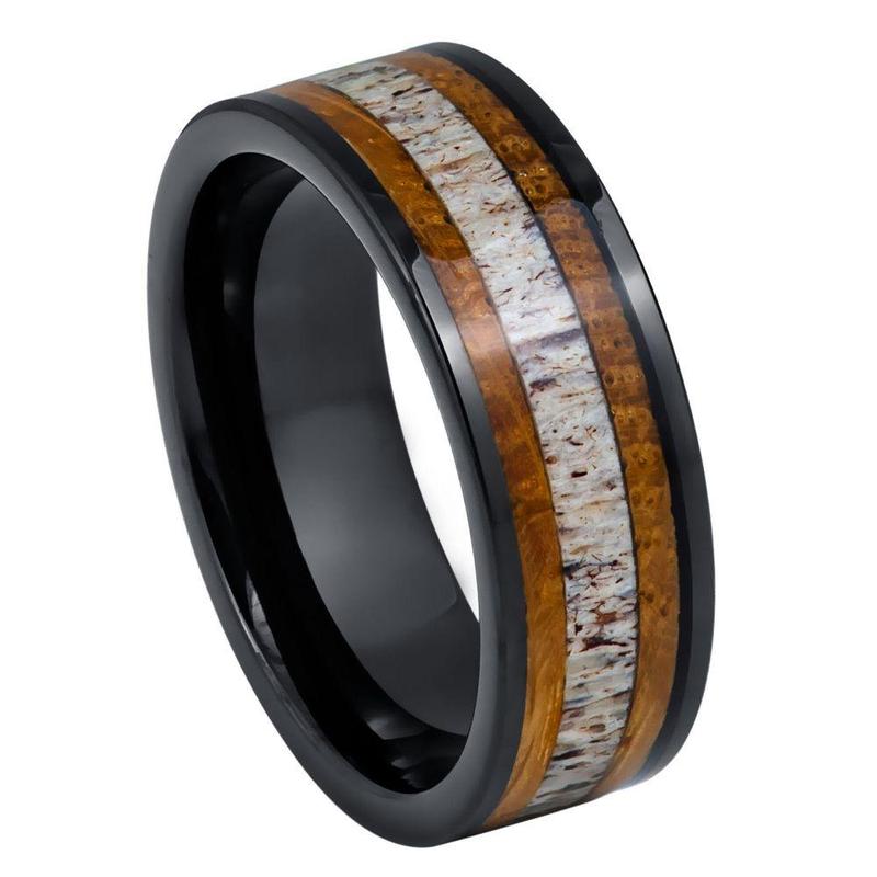 Tungsten Black IP Ring with Whiskey Barrel and Deer Antler Inlay ...
