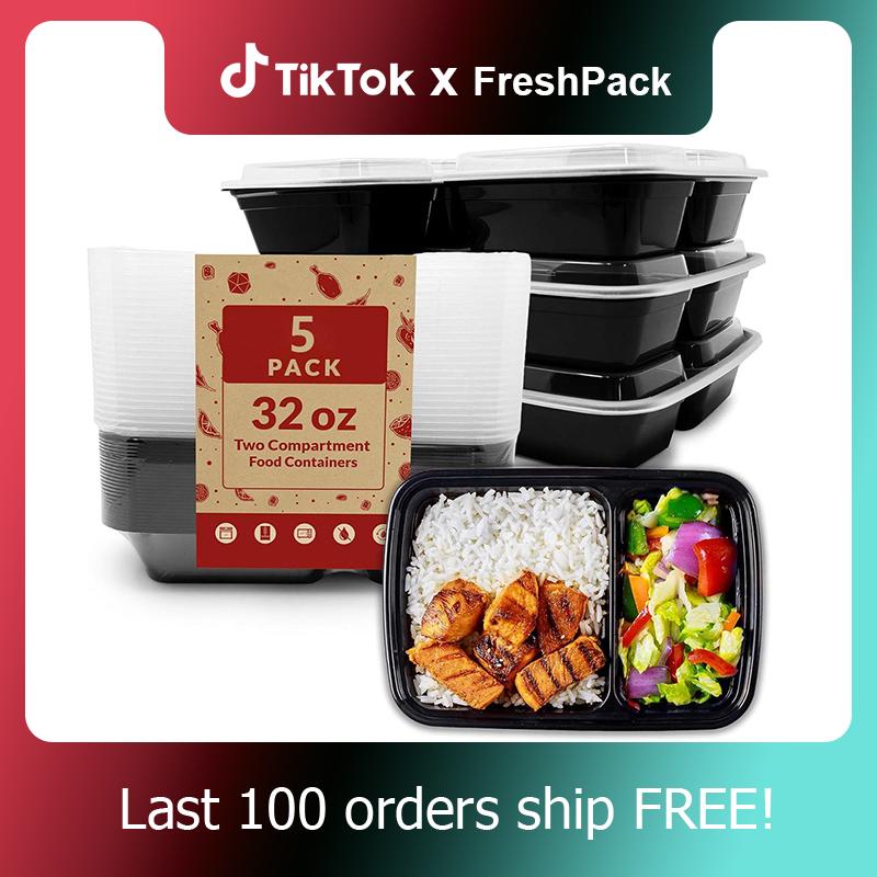 2-Compartment Black Disposable Food Containers - 5 Pack, 32 oz ...