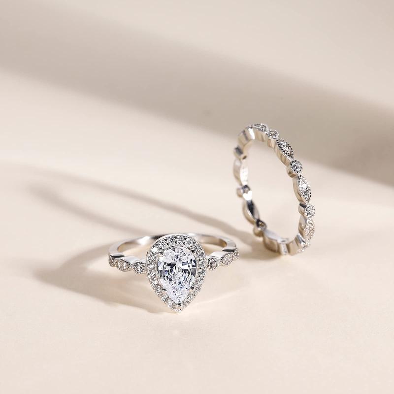 EAMTI 1.5CT 925 Sterling Silver Bridal Ring Sets Teardrop Cubic ...