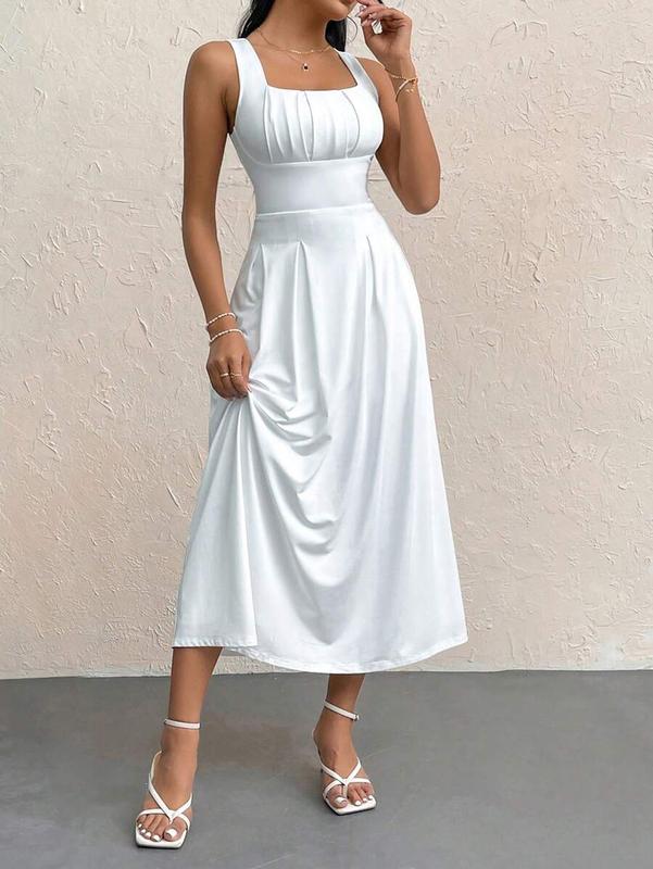 Women Wide Strap Square Neckline Pleated A-Line Dress - TikTok Shop