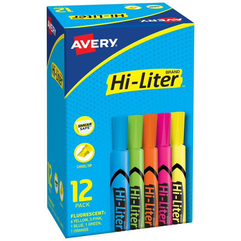 Avery Hi-Liter Desk-Style Highlighters, SmearSafe, Chisel Tip, 12 ...