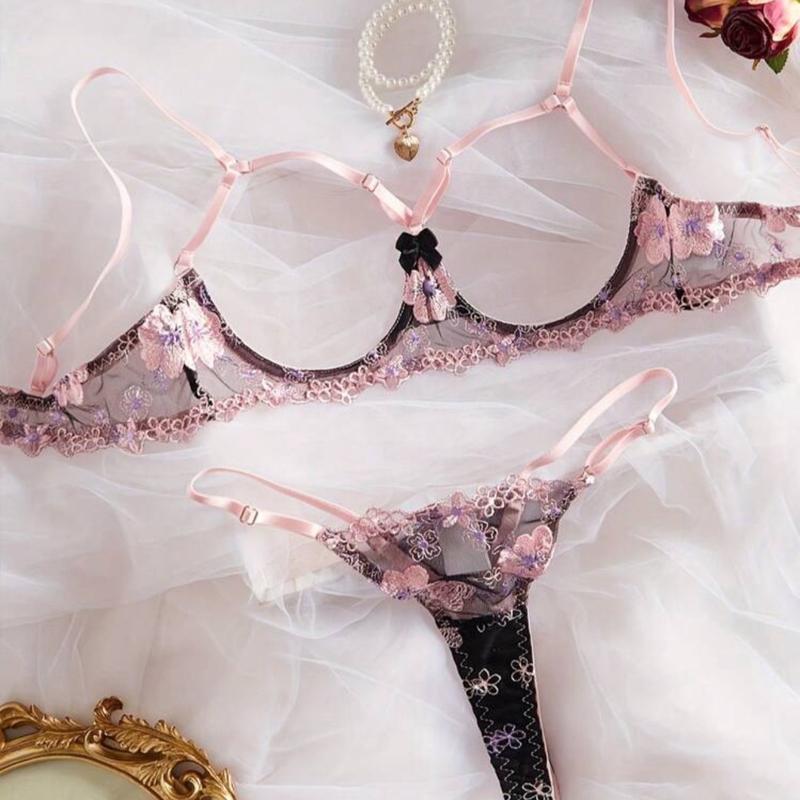 Floral Embroidery Mesh Bra & Panty Sexy Lingerie Set For Women - TikTok ...