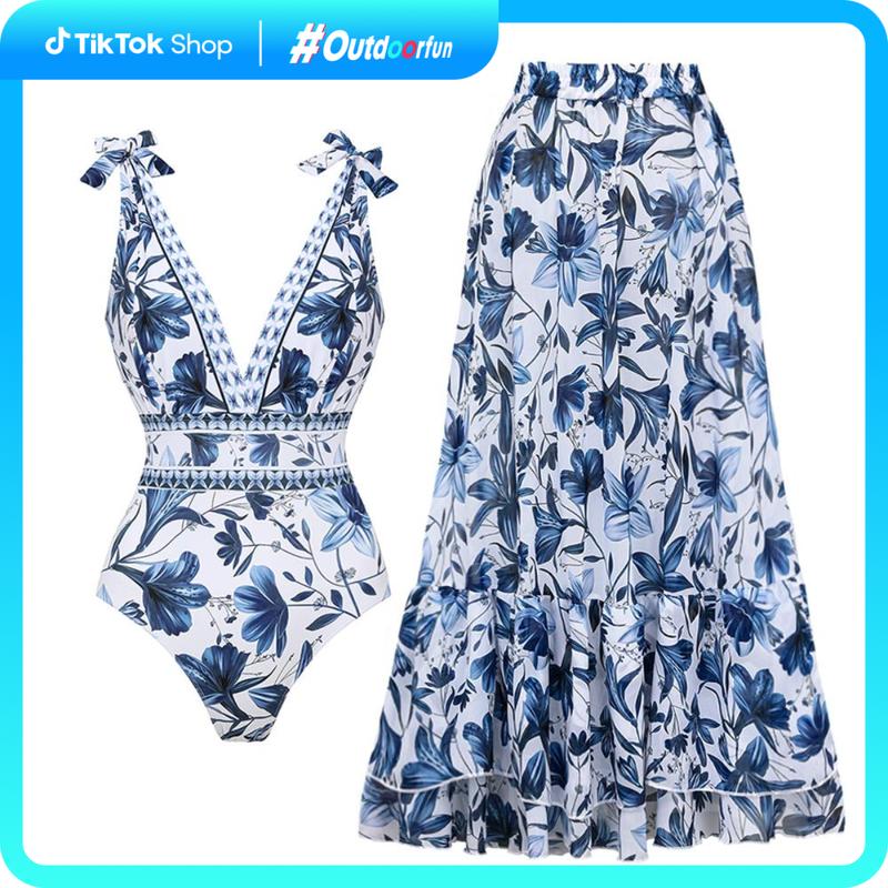 FLAXMAKER Women's V Neck Blue Print One-Piece Swimsuit and Matching ...