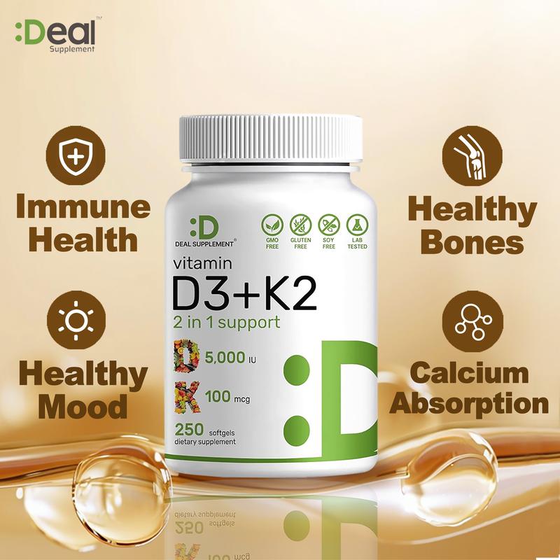 Deal Supplement Vitamin D3K2, 250 Veggie Softgels, 2 in 1 (5000 ...