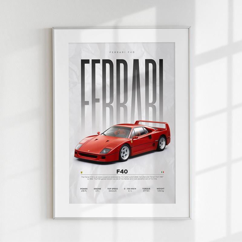Ferrari F40 Poster | Ferrari Poster | Hyper Car Poster | Super Car ...