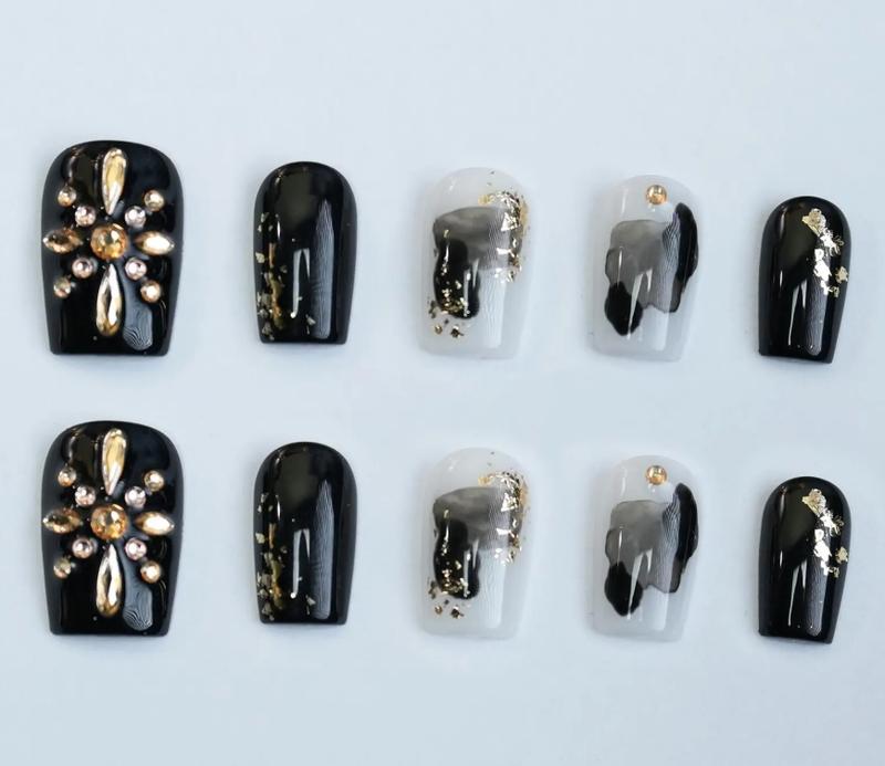 Reusable Hand Painted Press on Nails Gel Manicure, Black Nails with ...