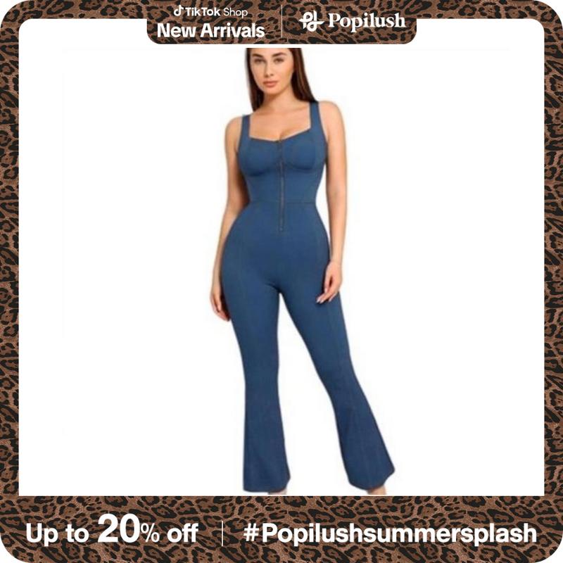 Popilush The Shapewear Denim Square Neck Tank Top Flare Jumpsuits ...