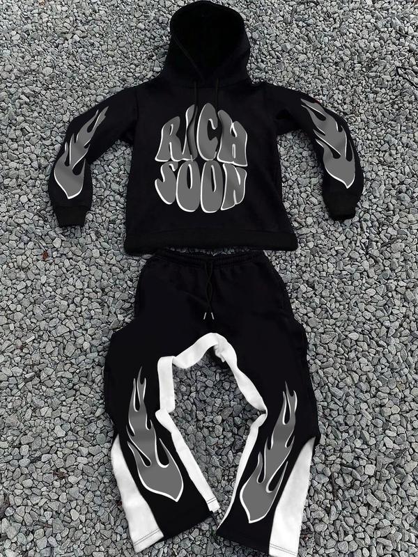 Men's Fire & Letter Colorblock Print Hoodie & Drawstring Waist ...