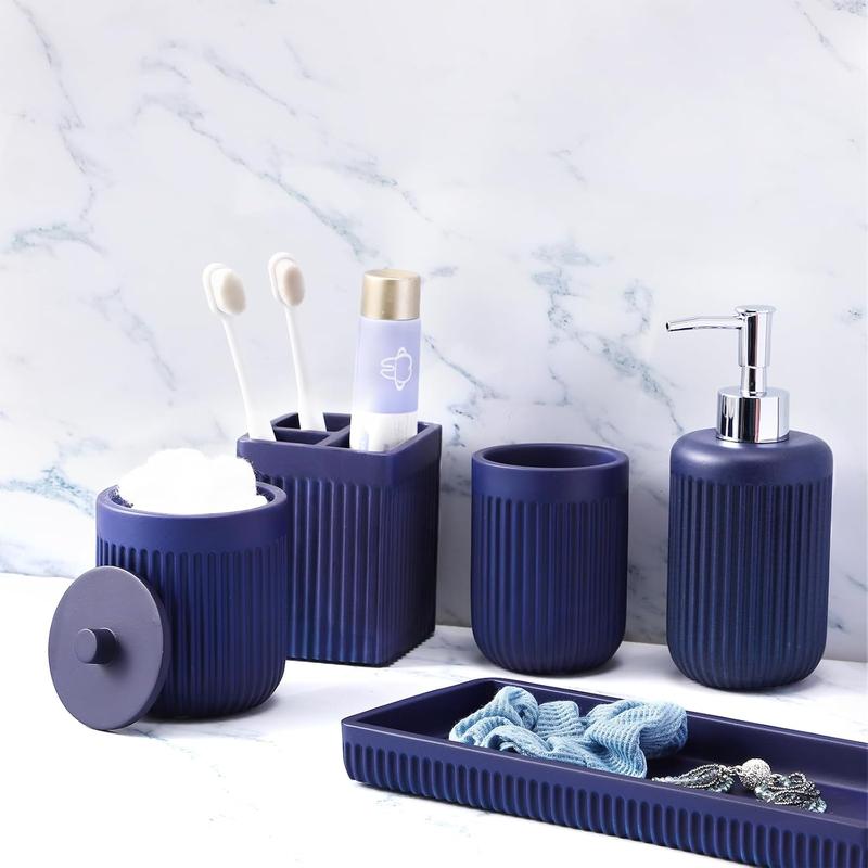 TikTok Shop Resin Navy Blue Bathroom Accessories Set 5 Pcs Lotion Soap Dispenser Toothbrush Holder Bathroom Tumbler Qtip Holder and Vanity Tray Bathroom Countertop Organizer Set for Modern Home Apartm...