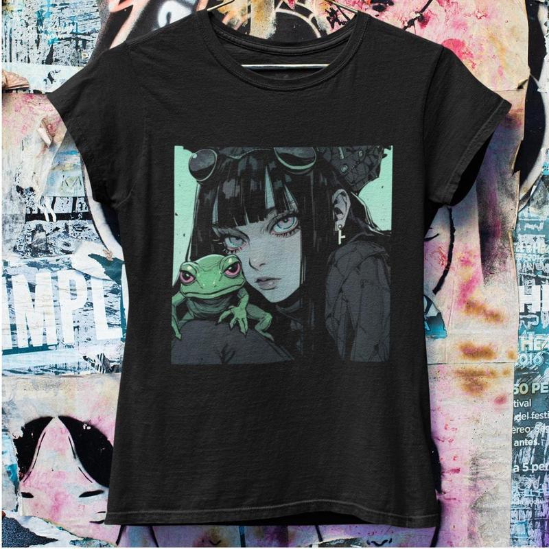 Pastel Goth Frog Girl Tee – 90s Anime-Inspired Grunge Crop Top, Looks ...