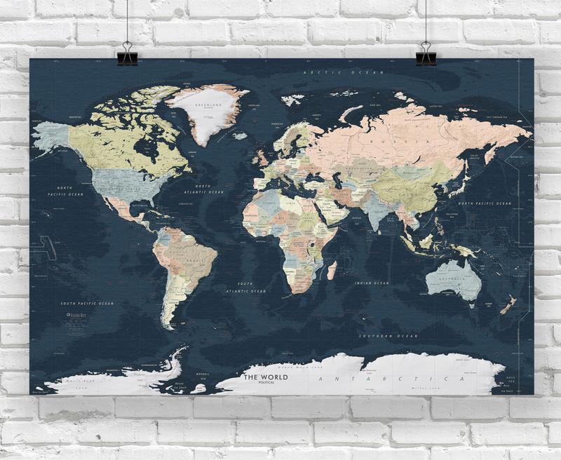 Dark Navy Oceans World Wall Map - TikTok Shop