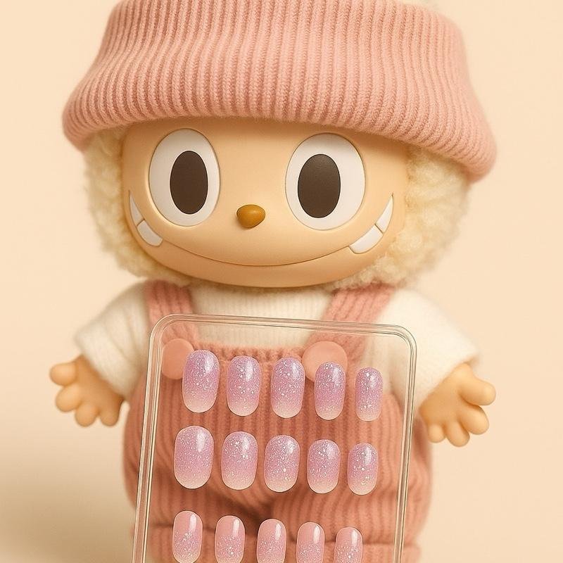 Labubu Custom Press On Nails Set - Pink Glitter Design for Adorable ...